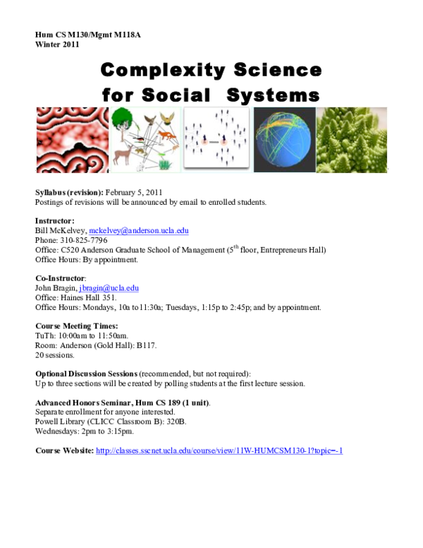 (PDF) UCLA Human Complex Systems M130 / Management M118A: Complexity Science for Social (and ...