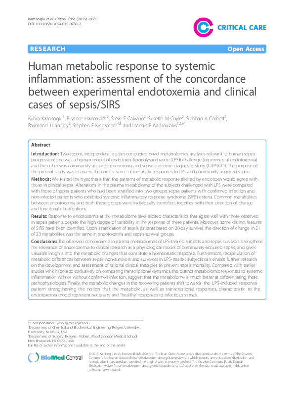 (PDF) Human metabolic response to systemic inflammation: assessment of the concordance between ...