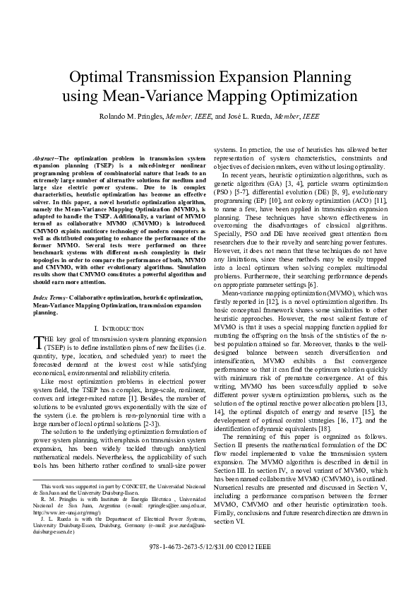 (PDF) Optimal transmission expansion planning using Mean-Variance Mapping Optimization