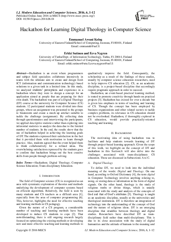 (PDF) Hackathon as a Learning Tool in Digital Theology