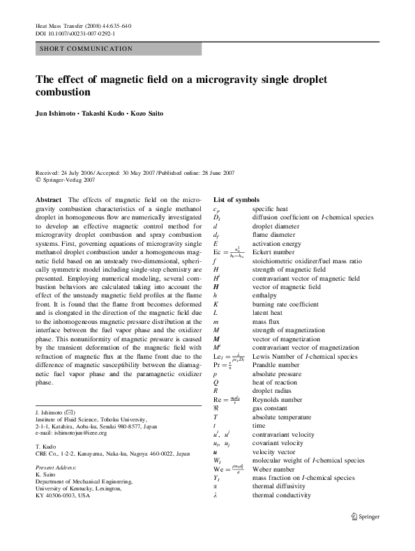 (PDF) The effect of magnetic field on a microgravity single droplet combustion