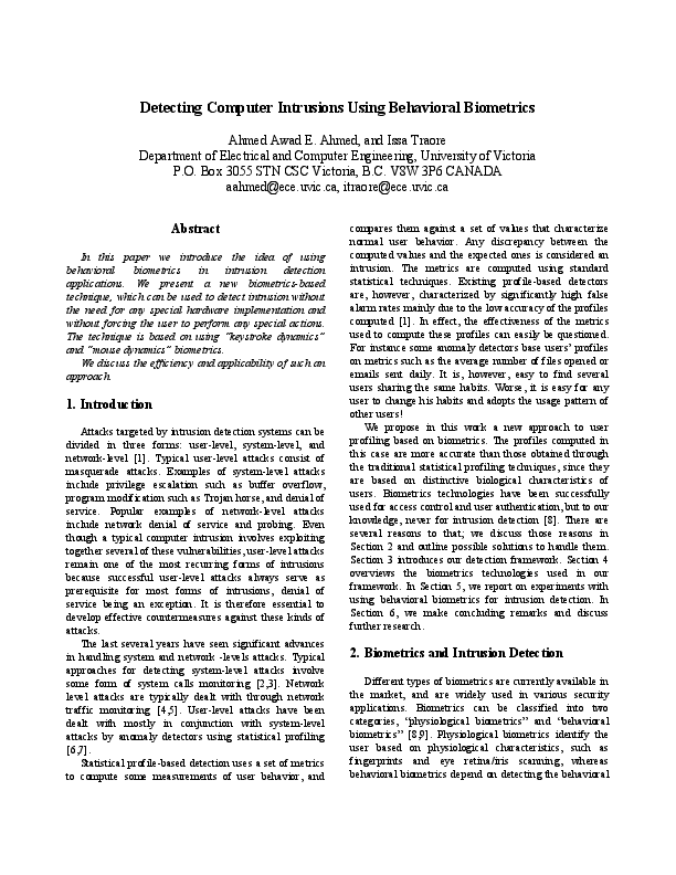 Pdf Detecting Computer Intrusions Using Behavioral Biometrics