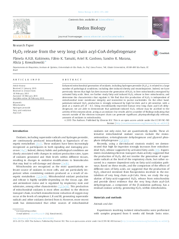 (PDF) H2O2 release from the very long chain acyl-CoA dehydrogenase