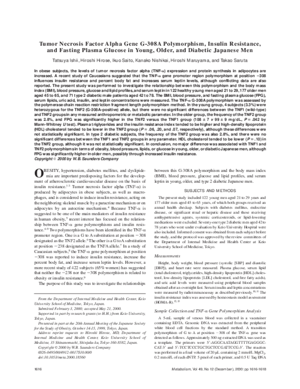 (PDF) Tumor necrosis factor alpha gene G-308A polymorphism, insulin resistance, and fasting ...