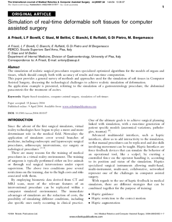 (PDF) Simulation of real-time deformable soft tissues for computer assisted surgery