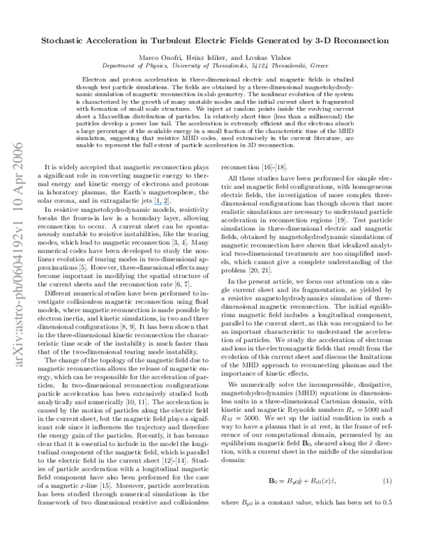 (PDF) Stochastic Acceleration in Turbulent Electric Fields Generated by 3D Reconnection