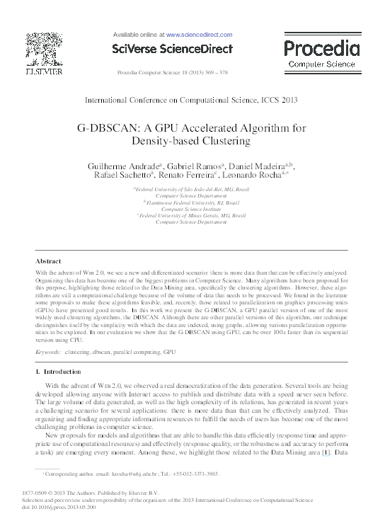 Pdf G Dbscan A Gpu Accelerated Algorithm For Density Based Clustering Rafael Sachetto 