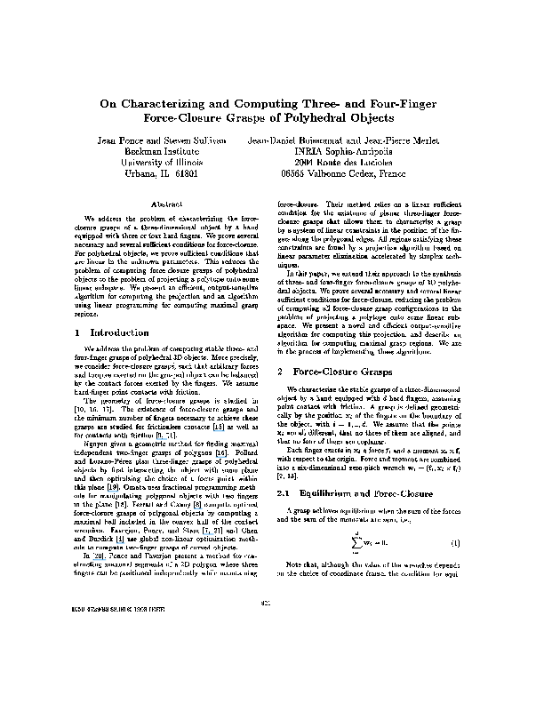 Pdf On Characterizing And Computing Three And Four Finger Force Closure Grasps Of Polyhedral