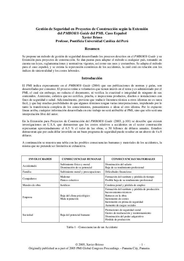 (PDF) Gestión de Seguridad en Proyectos de Construcción según la Extensión del PMBOK® Guide del ...
