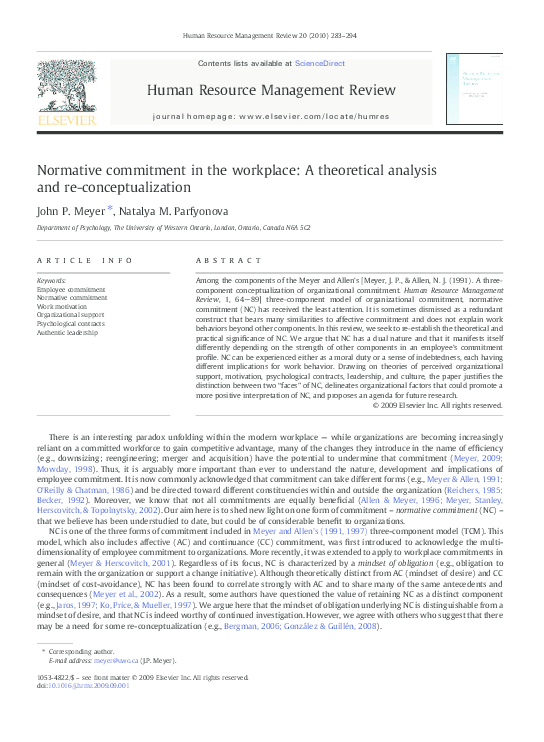 (PDF) Normative commitment in the workplace: A theoretical analysis and ...