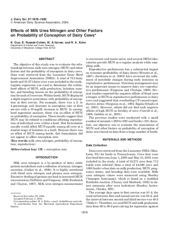 (PDF) Effects of milk urea nitrogen and other factors on probability of ...