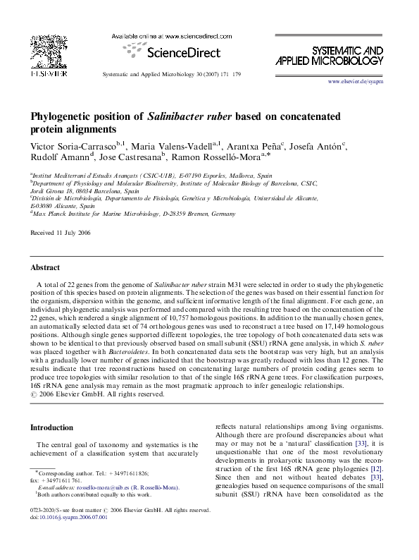 (PDF) Phylogenetic position of Salinibacter ruber based on concatenated ...