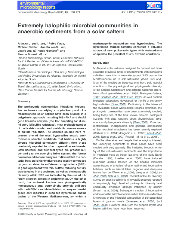 (PDF) Extremely halophilic microbial communities in anaerobic sediments from a solar saltern