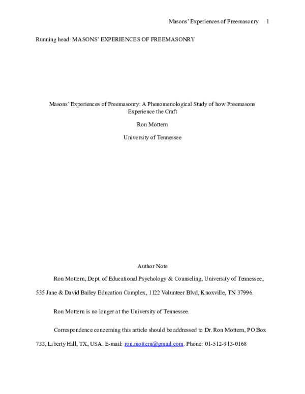 (DOC) Masons’ Experiences of Freemasonry: A Phenomenological Study of ...