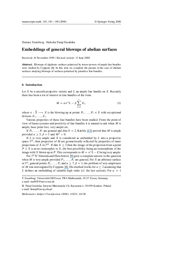(PDF) Embeddings of general blowups of abelian surfaces