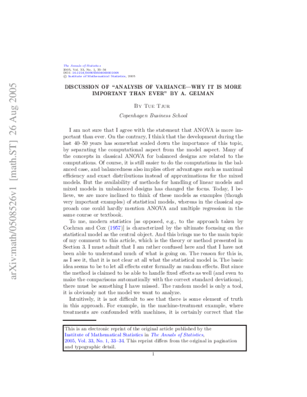 (PDF) [Analysis of Variance: Why It Is More Important than Ever ...
