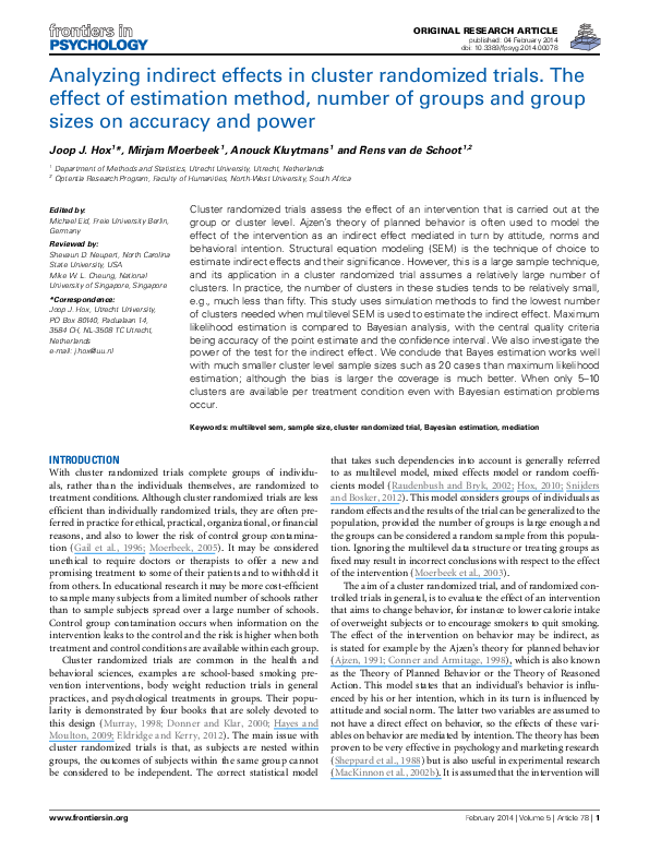 (PDF) Analyzing indirect effects in cluster randomized trials. The effect of estimation method ...