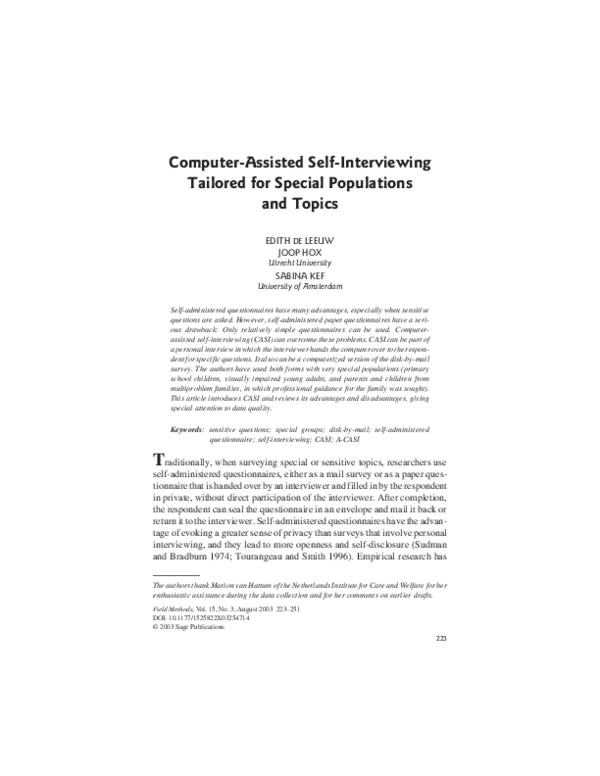 (PDF) COMPUTER ASSISTED SELF-INTERVIEWING TAILORED FOR SPECIAL ...