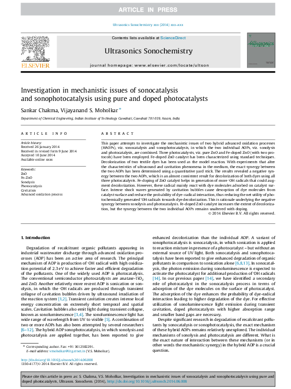 (PDF) Investigation in mechanistic issues of sonocatalysis and sonophotocatalysis using pure and ...