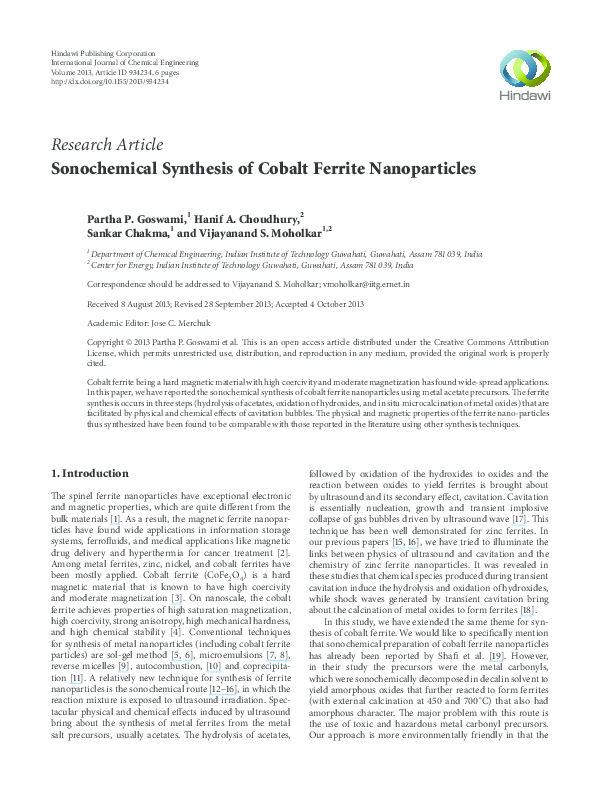(PDF) Sonochemical synthesis of cobalt ferrite nanoparticles