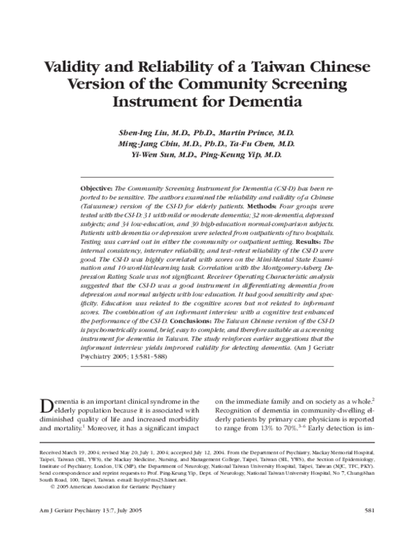 (PDF) Validity and Reliability of a Taiwan Chinese Version of the Community Screening Instrument ...
