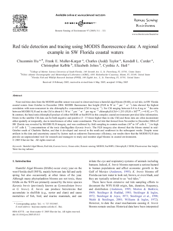 Pdf Red Tide Detection And Tracing Using Modis Fluorescence Data A Regional Example In Sw