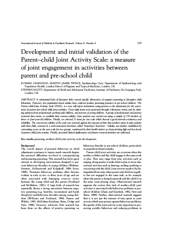 (PDF) Development and initial validation of the Parent child Joint Activity Scale: a measure of ...