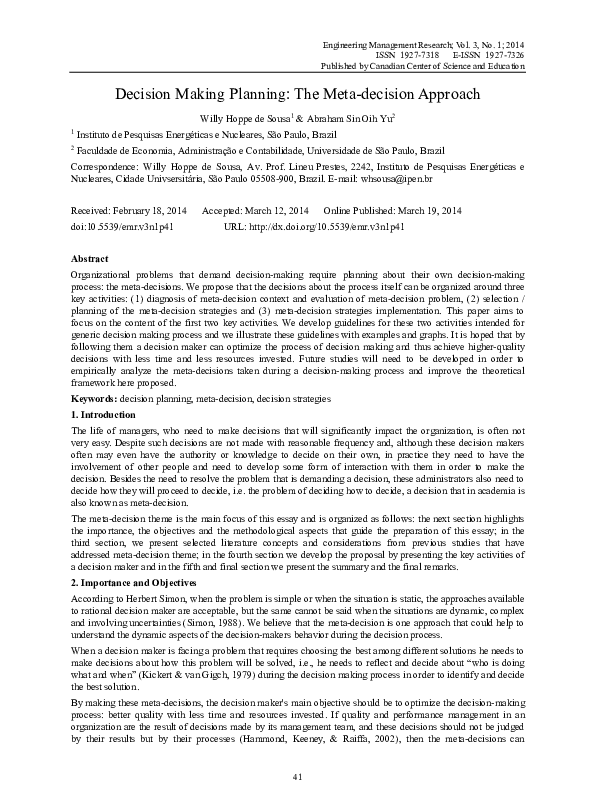 (PDF) Decision Making Planning: The Meta-decision Approach