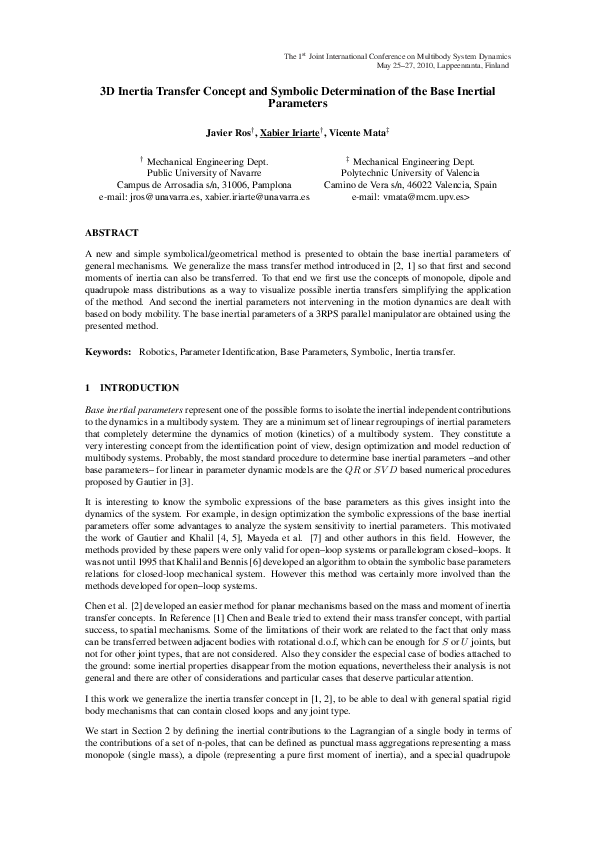 (PDF) 3D inertia transfer concept and symbolic determination of the base inertial parameters