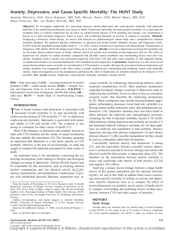 (PDF) Anxiety, depression, and cause-specific mortality: the HUNT study