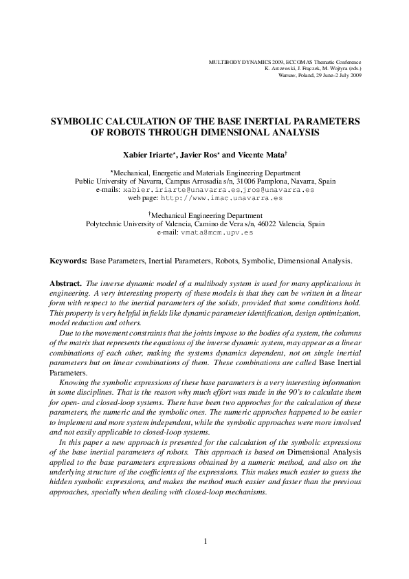 (PDF) SYMBOLIC CALCULATION OF THE BASE INERTIAL PARAMETERS OF ROBOTS THROUGH DIMENSIONAL ANALYSIS
