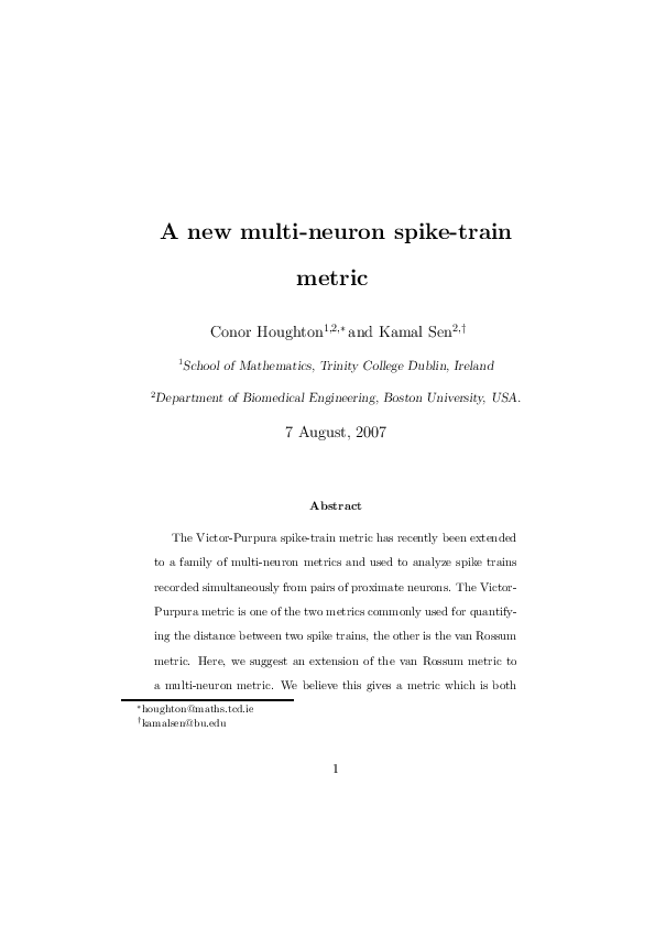 (PDF) A New Multineuron Spike Train Metric