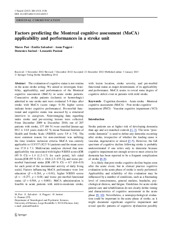 (PDF) Factors predicting the Montreal cognitive assessment (MoCA ...