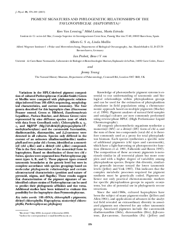 (PDF) PIGMENT SIGNATURES AND PHYLOGENETIC RELATIONSHIPS OF THE ...