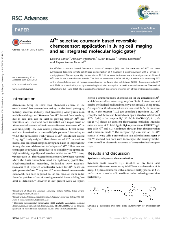 (PDF) Al 3+ selective coumarin based reversible chemosensor: application in living cell imaging ...