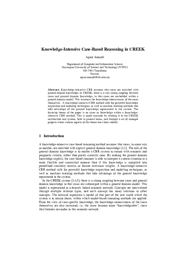 (PDF) Knowledge-Intensive Case-Based Reasoning in CREEK