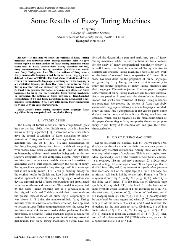 (PDF) Some Results of Fuzzy Turing Machines