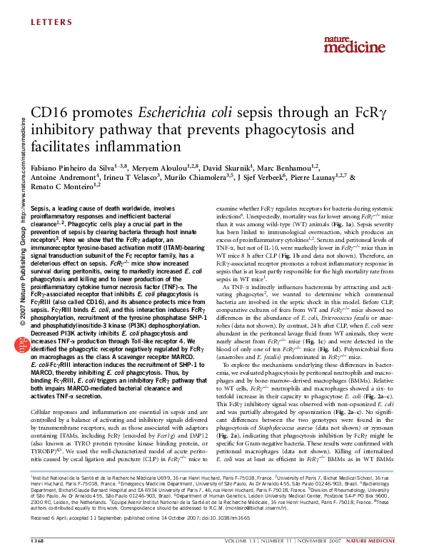 (PDF) CD16 promotes Escherichia coli sepsis through an FcRγ inhibitory ...