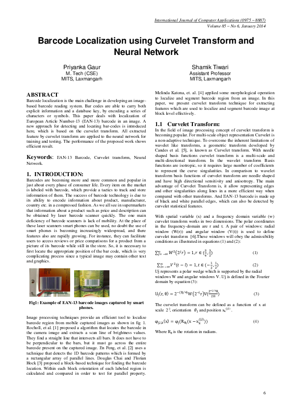 (PDF) Barcode Localization using Curvelet Transform and Neural Network