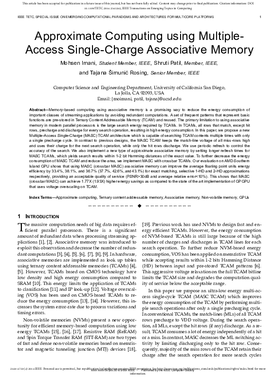 (PDF) Approximate Computing using Multiple-Access Single-Charge Associative Memory