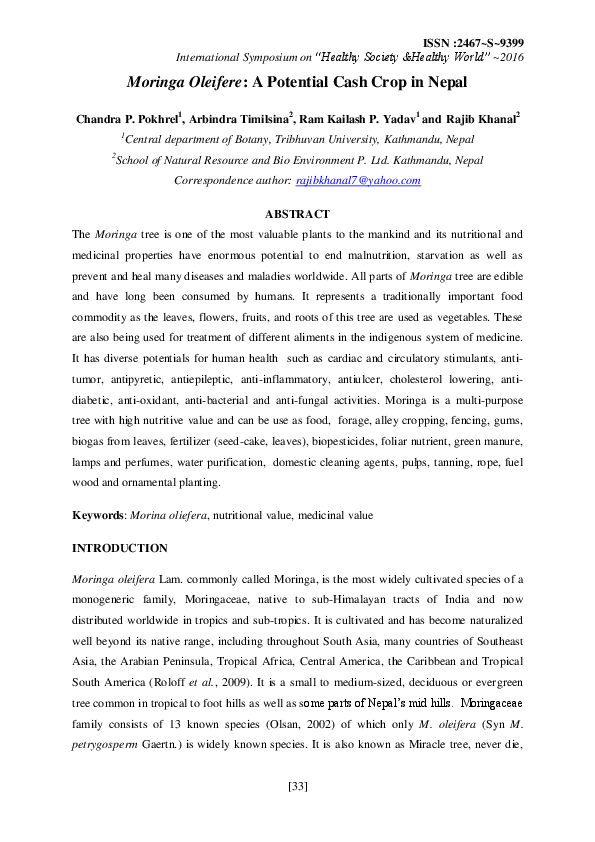 (PDF) Moringa Oleifere: A Potential Cash Crop in Nepal