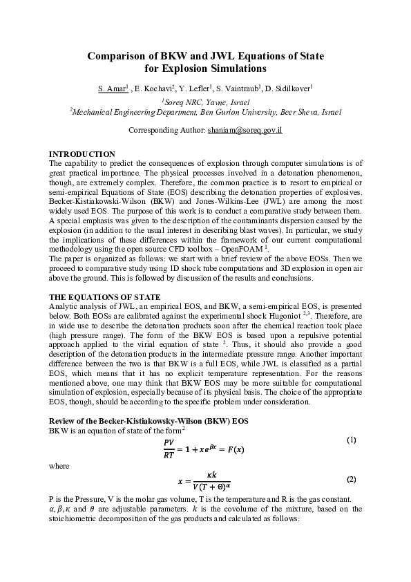 (PDF) Comparison of BKW and JWL Equations of State for Explosion ...
