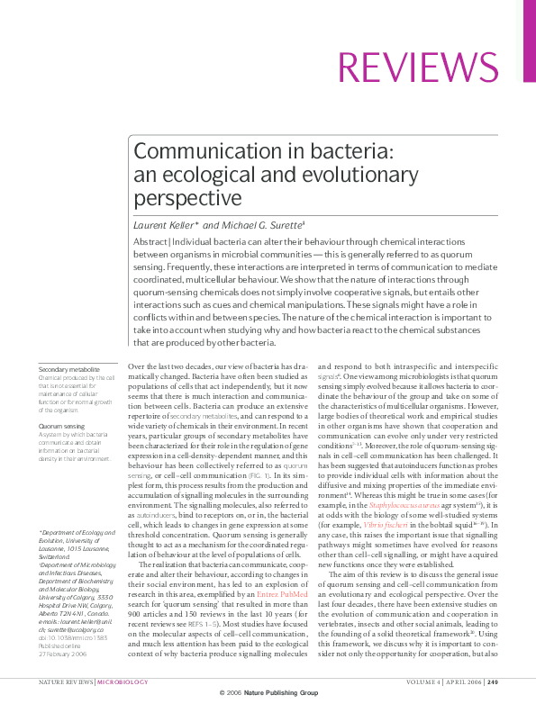 (PDF) Communication in bacteria: an ecological and evolutionary perspective