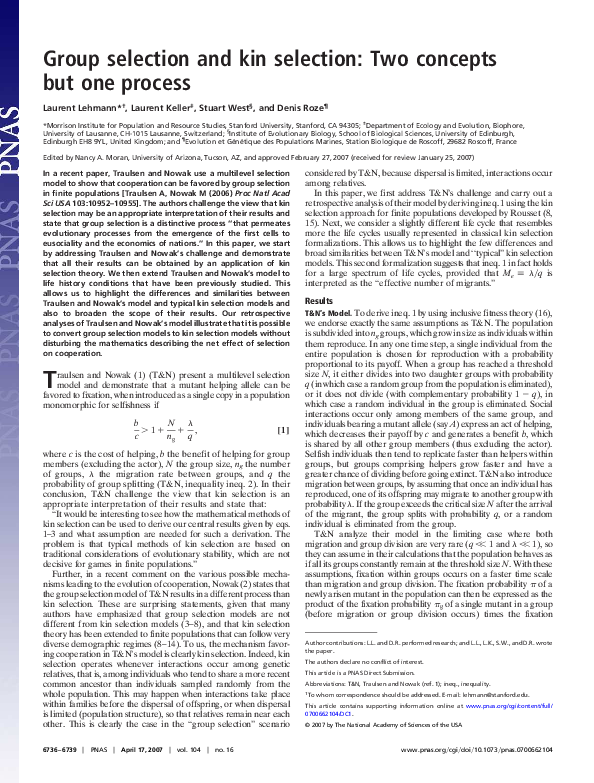 (PDF) Group selection and kin selection: two concepts but one process