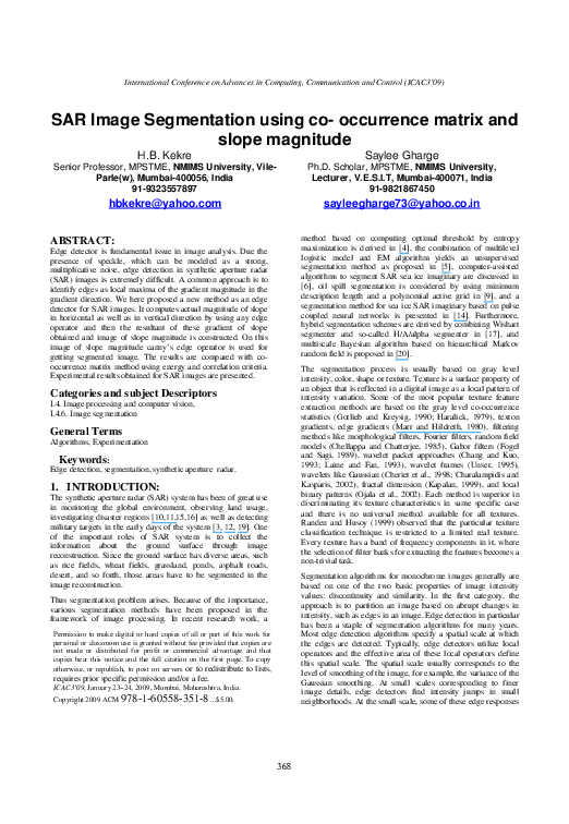 (PDF) SAR image segmentation using co-occurrence matrix and slope magnitude