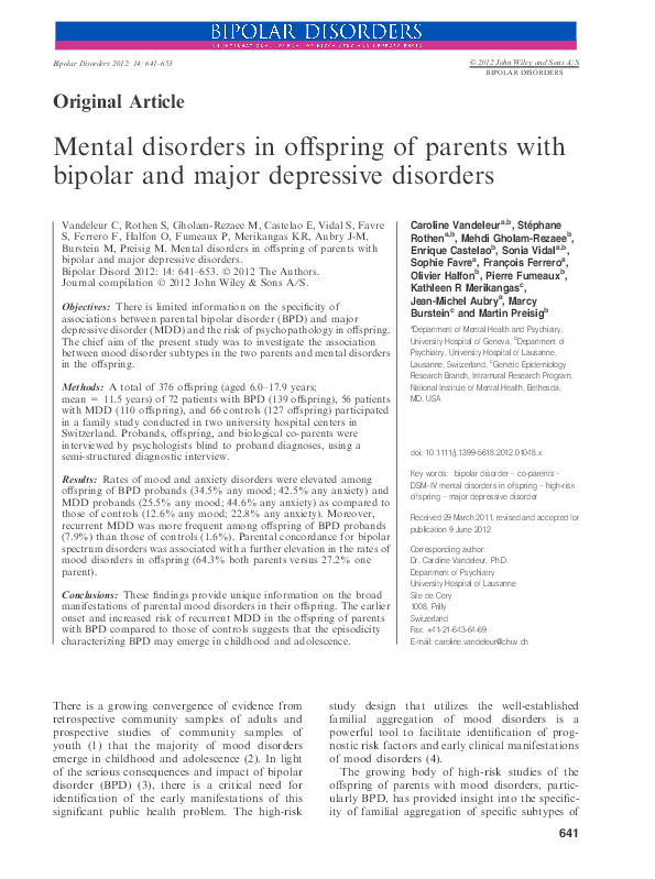 (PDF) Mental disorders in offspring of parents with bipolar and major depressive disorders