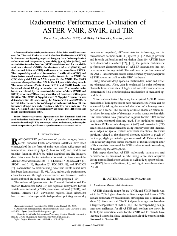 (PDF) Radiometric performance evaluation of ASTER VNIR, SWIR, and TIR