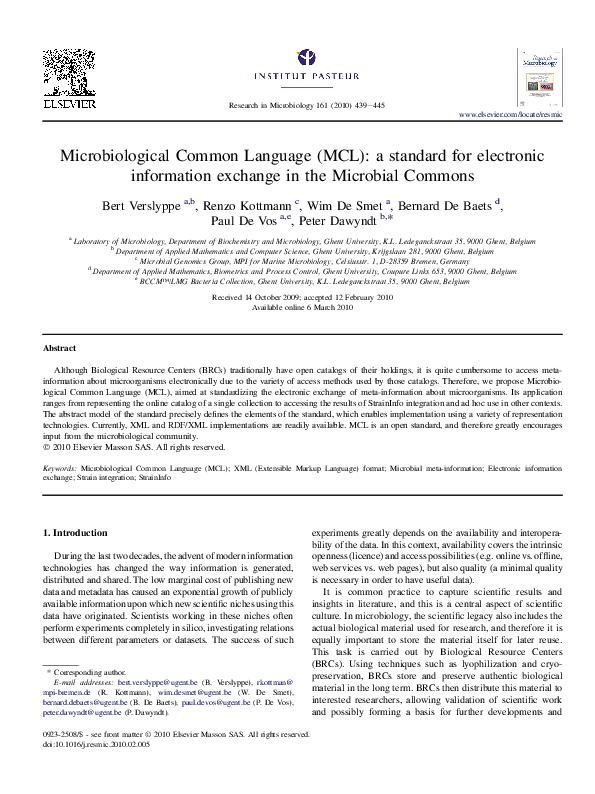 (PDF) Microbiological Common Language (MCL): a standard for electronic ...