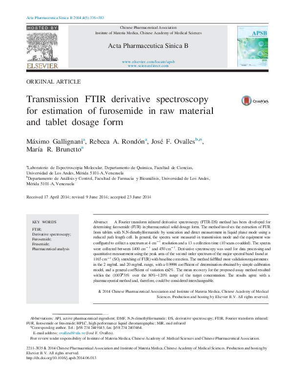 (PDF) Transmission FTIR derivative spectroscopy for estimation of furosemide in raw material and ...