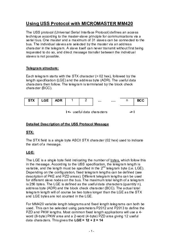 (PDF) Using USS Protocol with MICROMASTER MM420